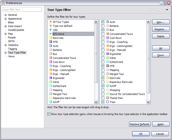 Documentation: Preferences - Tour Type Filter - MyTourbook